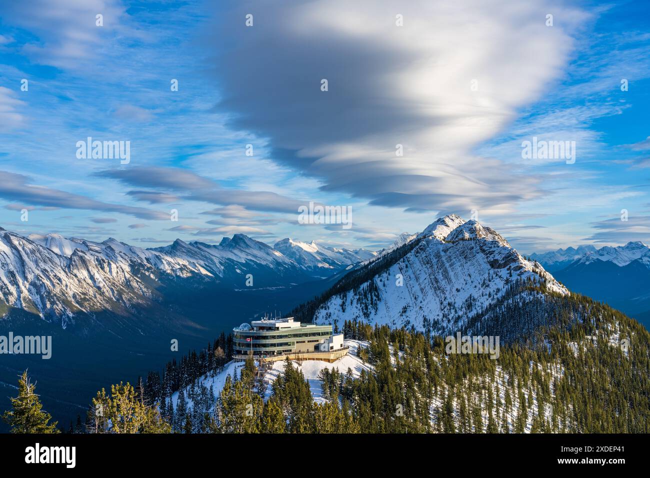 Banff Gondola summit station. Wooden stairs and boardwalks along the ...