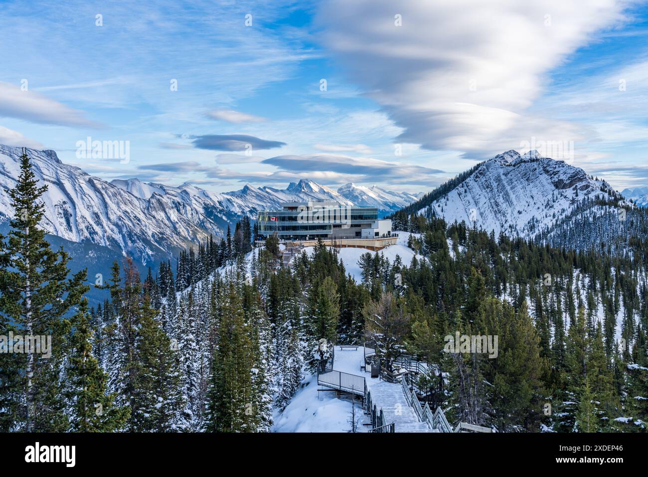 Banff Gondola summit station. Wooden stairs and boardwalks along the ...