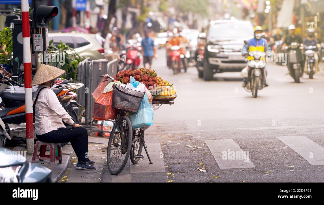 A Vietnamese street vendor woman, dressed in a traditional Asian ...