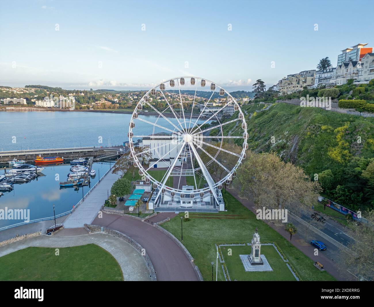 Aerial View looking down at a Big Wheel Ride near the sea at a British ...