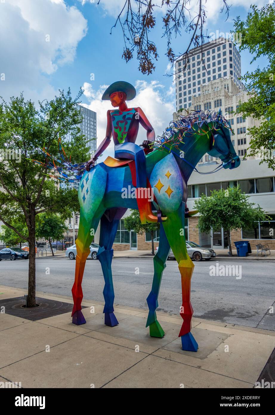 Austin, Texas - 15 June 2024: Tracking the end of the rainbow statue by ...
