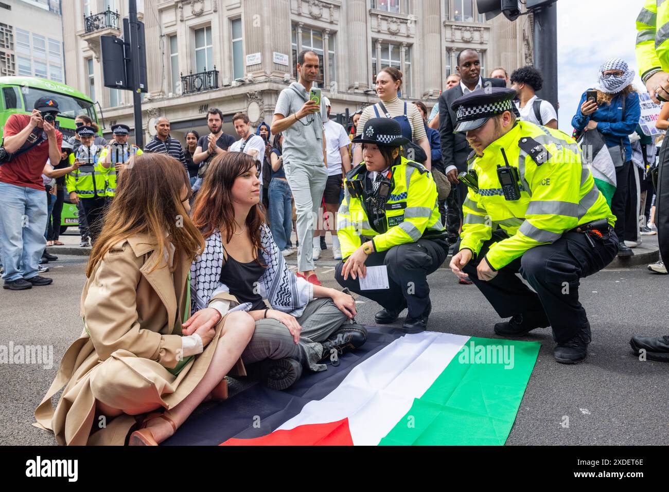 London, UK. 22 JUN, 2024. Protestors block road as Youth Demand block ...