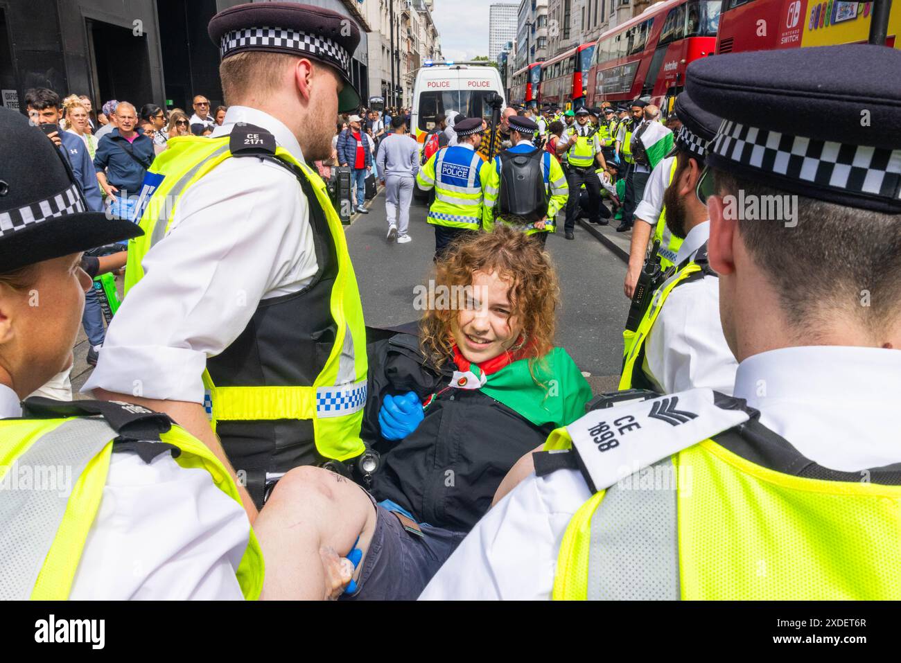 London, UK. 22 JUN, 2024. Protestor is arrested as Youth Demand block ...