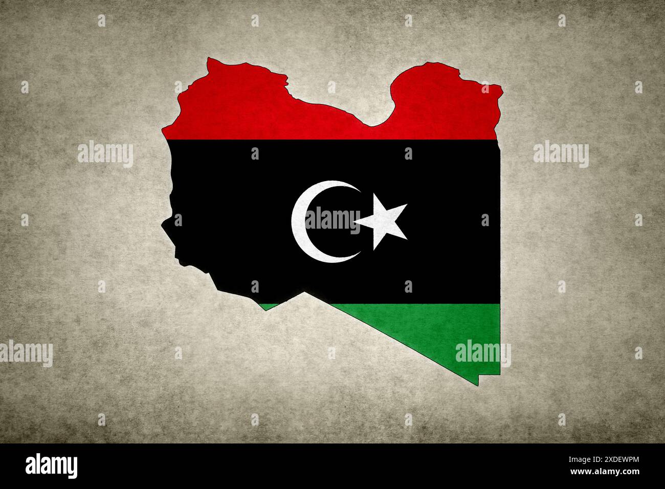 Grunge map of Libya with its flag printed within its border on an old ...