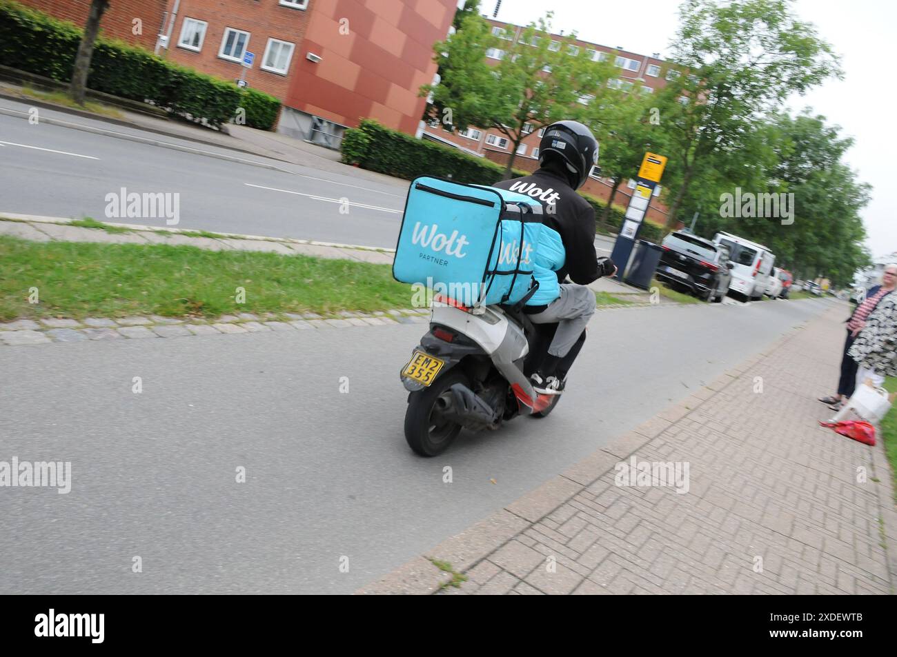 Copenhagen Denmark/22 jUNE 2024/. Wolt partner food delivery biker in ...