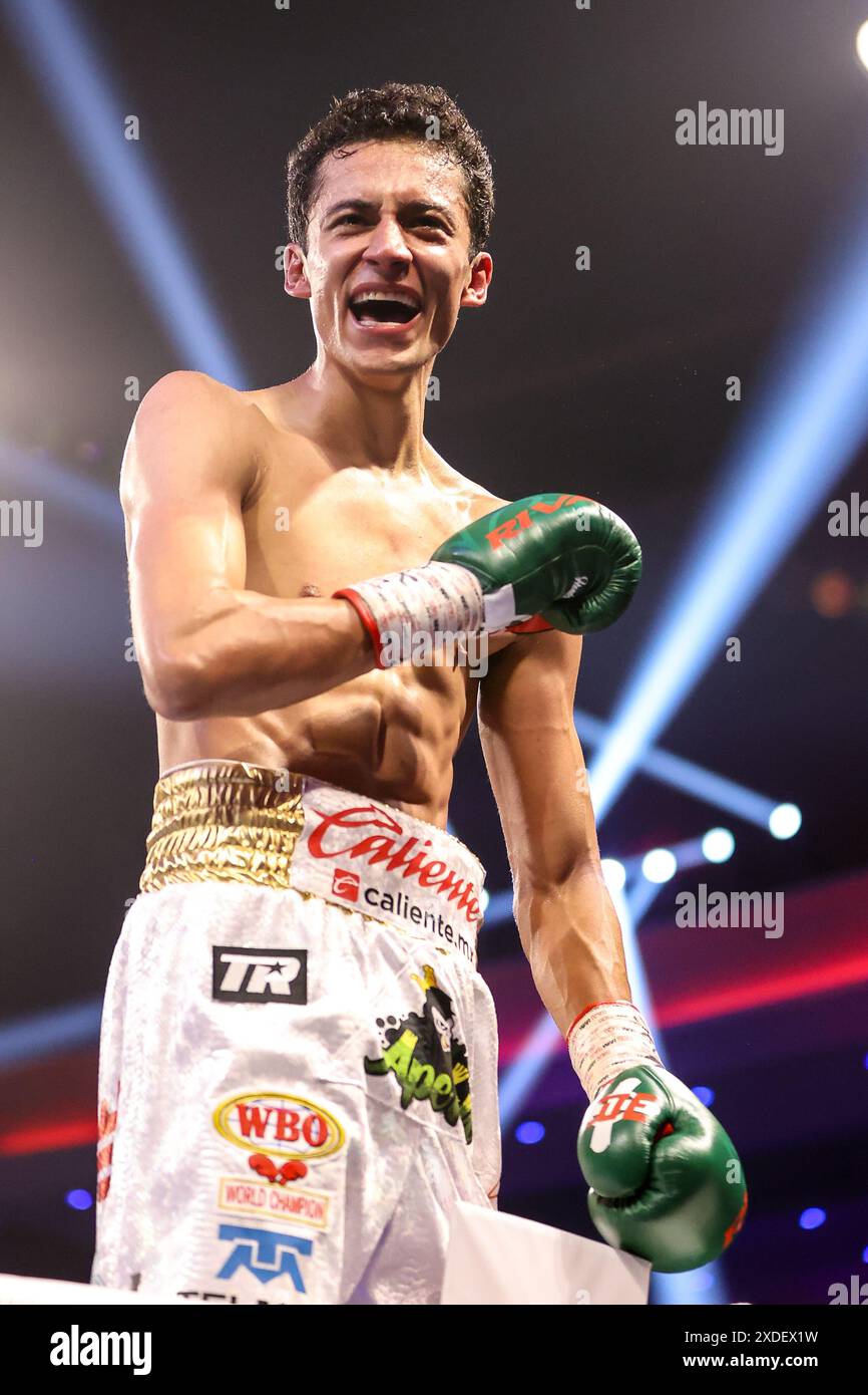 June 21, 2024: Rafael Espinoza celebrates after retaining the WBO ...
