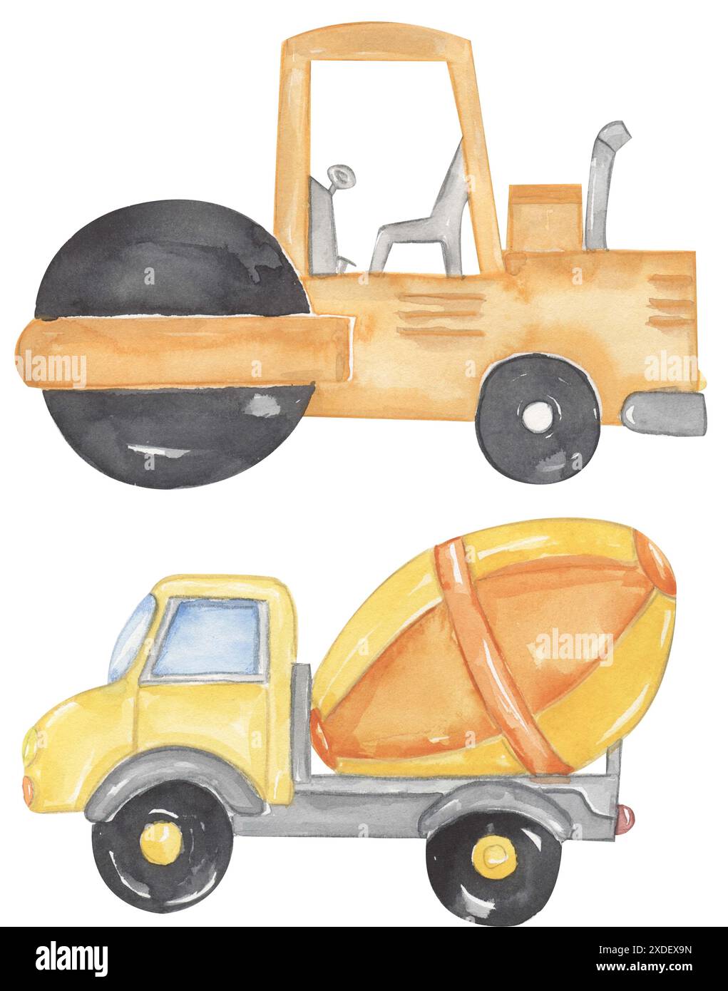 Watercolor road transport illustration, concrete mixer car and roller ...