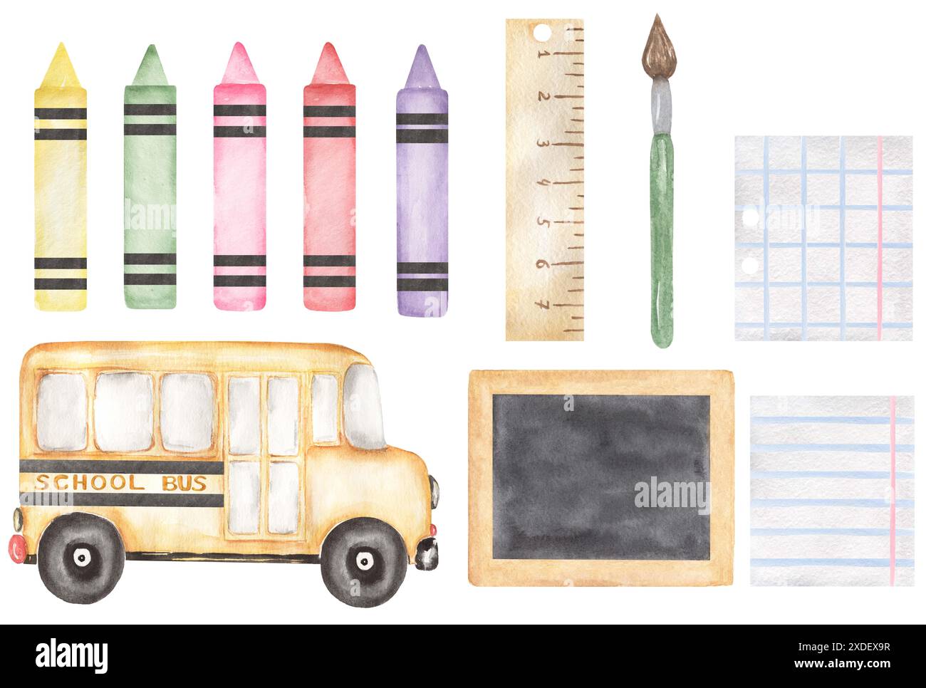 Watercolor school elements illustration, bus clip art, ruler ...