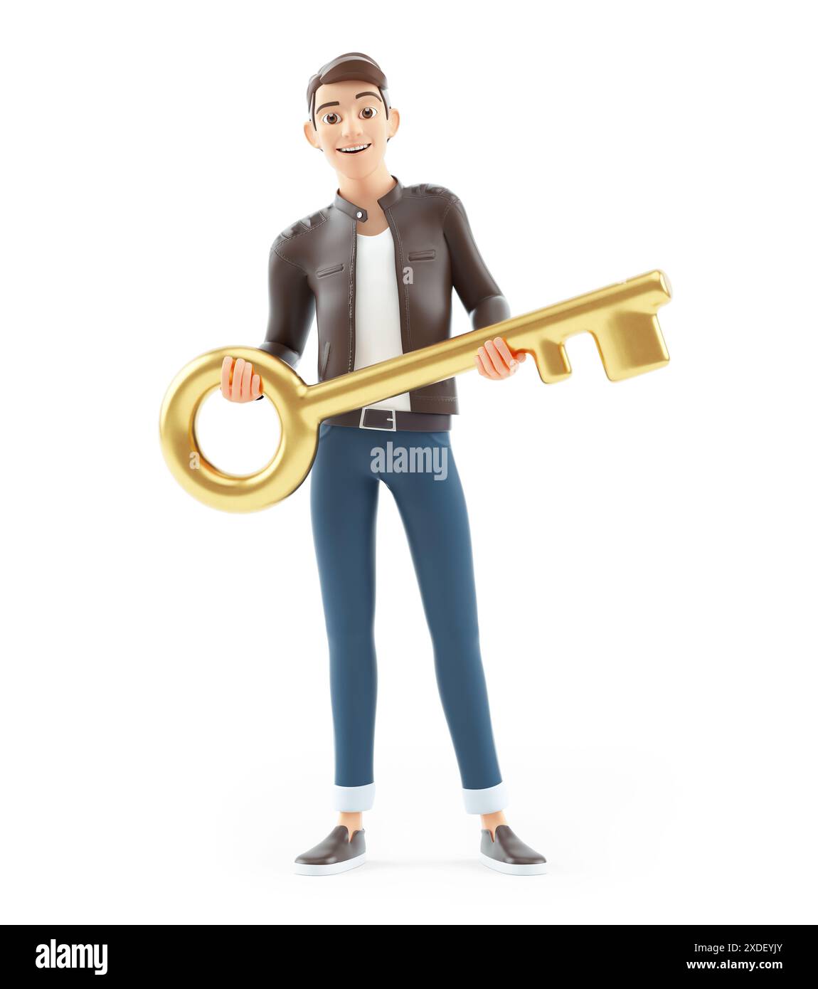 3d cartoon man holding golden key, illustration isolated on white ...