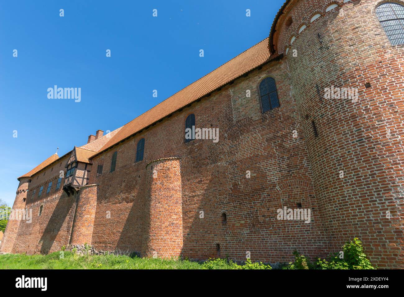 Nyborg Castle with round towers, medieval fortress with moat and ...