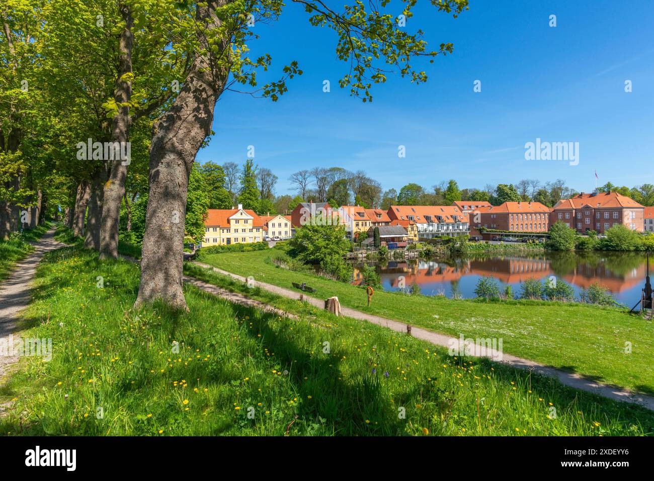 Old town of Nyborg, moat around the medieval town, houses at the castle ...