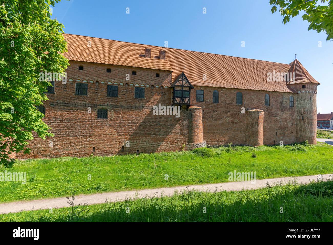 Nyborg Castle with round towers, medieval fortress with moat and ...