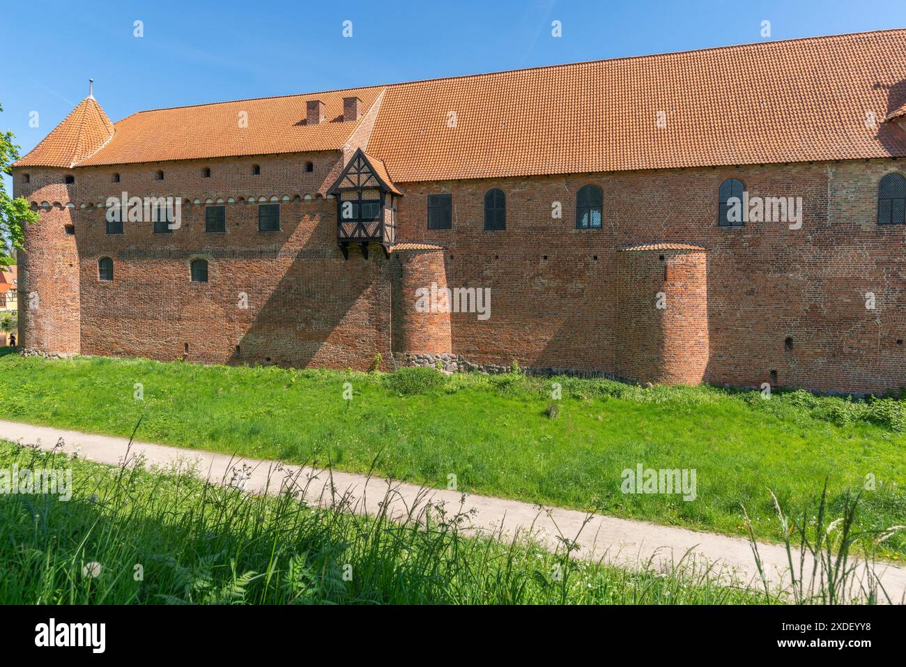 Nyborg Castle with round towers, medieval fortress with moat and ...