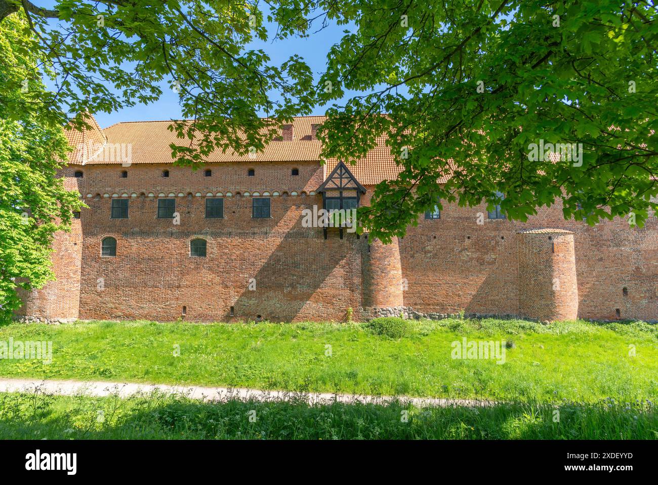Nyborg Castle with round towers, medieval fortress with moat and ...