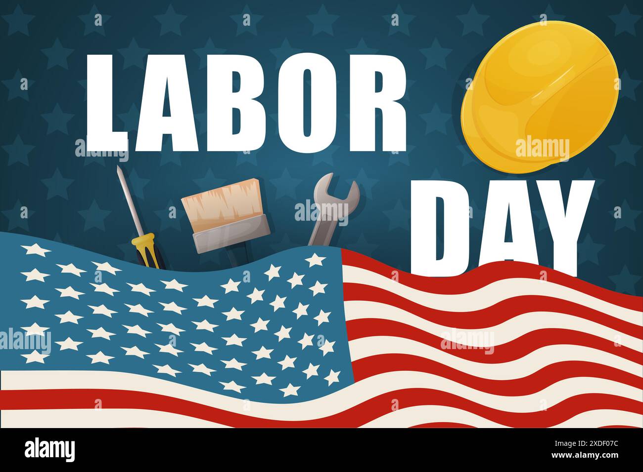 Horizontal poster, blue "Happy Labor Day" banner with American flag and ...