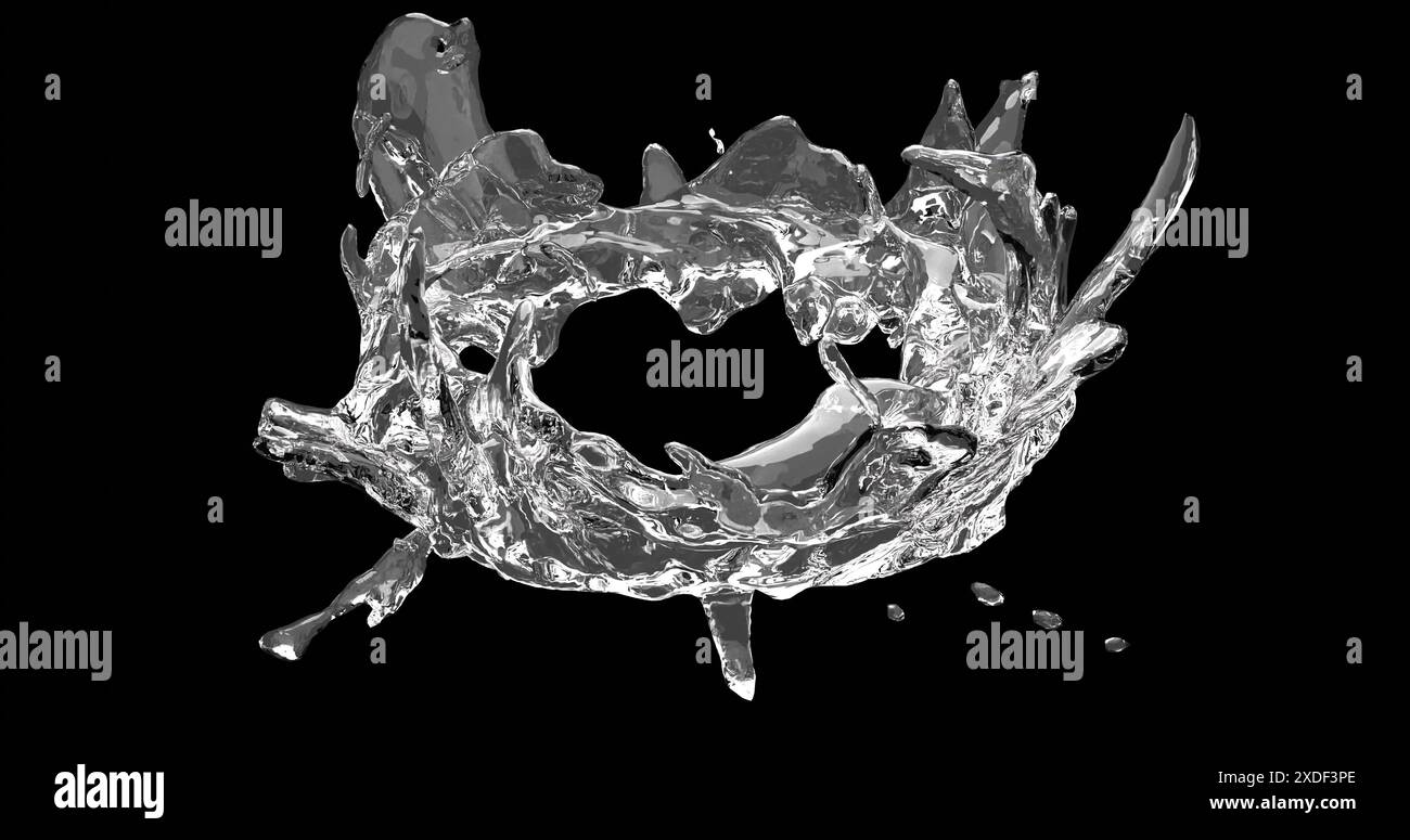 3d render of clear water liquid splash or flow on isolated black ...