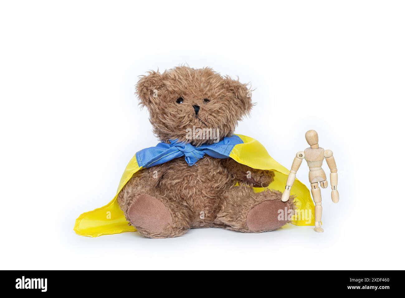 Wooden man without a leg and teddy bears from the Ukrainian flag, will ...