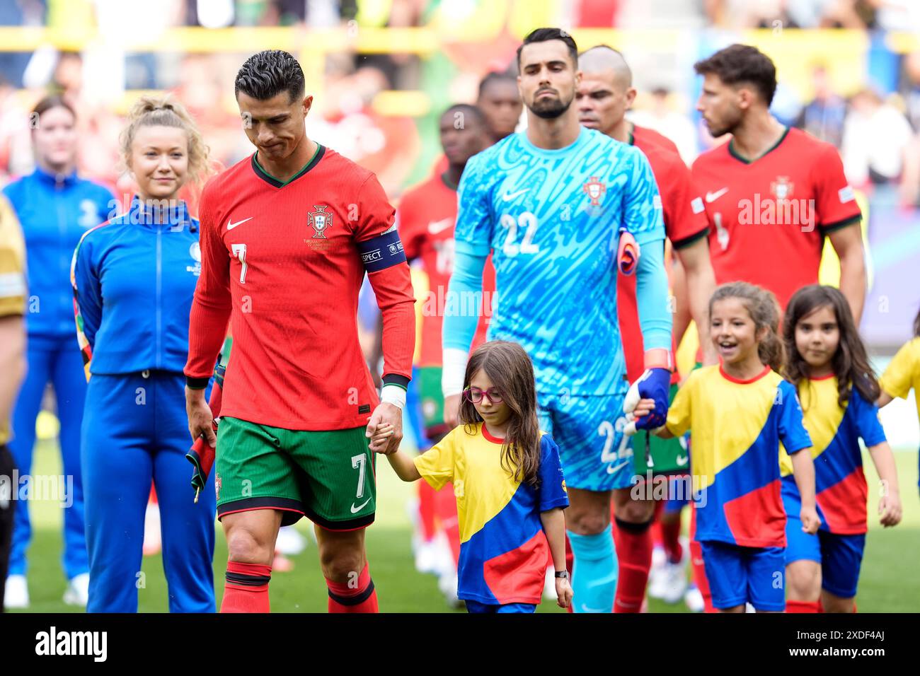Portugal's Cristiano Ronaldo (left) leads his team out ahead of the UEFA Euro 2024 Group F match ...