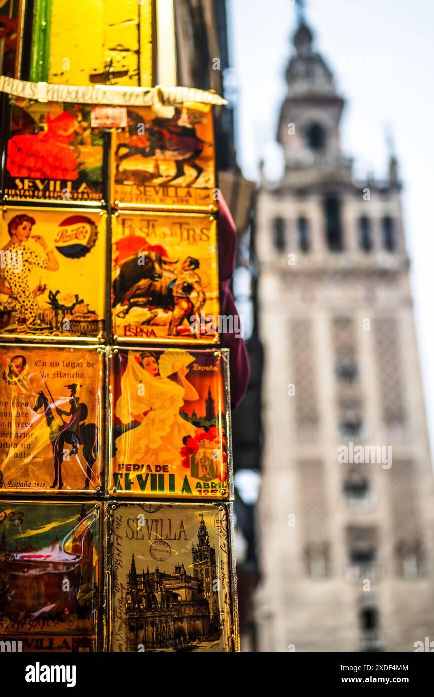 Colorful traditional postcards from Sevilla with La Giralda tower ...
