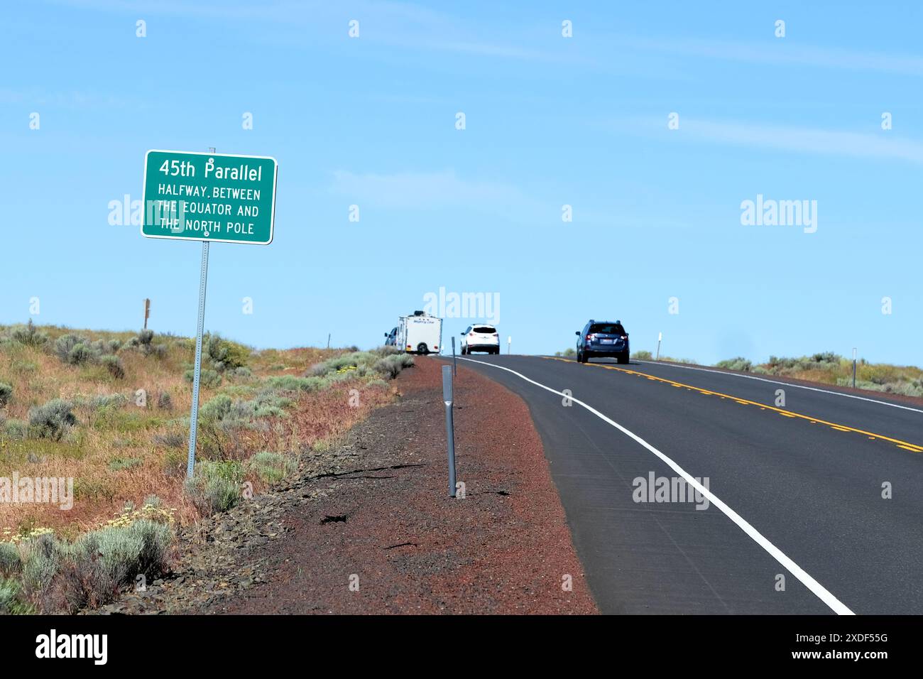 Sign marking the 45th Parallel north, Halfway between the Equator and ...