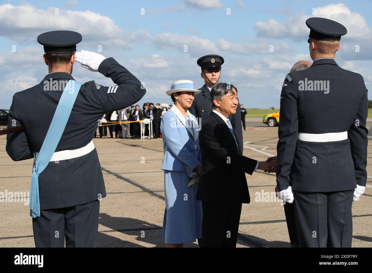 Emperor Naruhito and Empress Masako of Japan are greeted as they arrive ...