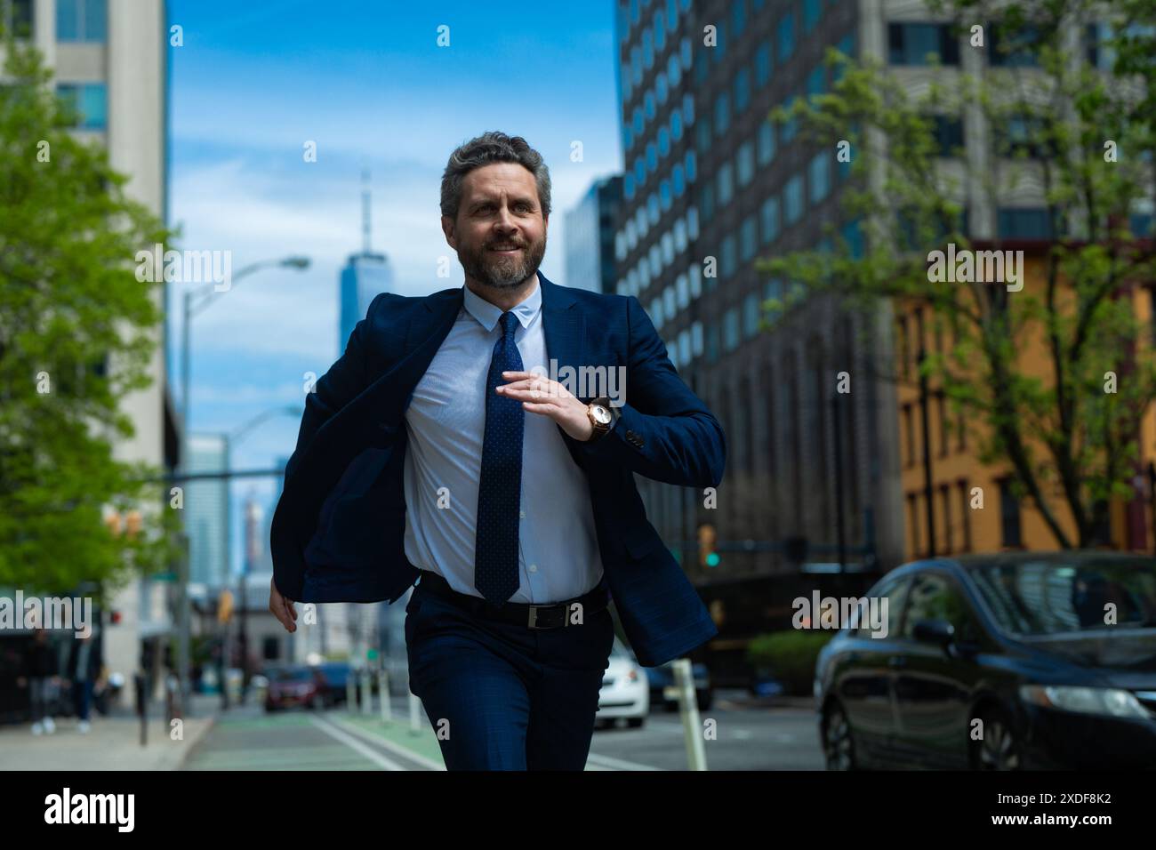 Business man run in NY. American business. Businessman run down street ...