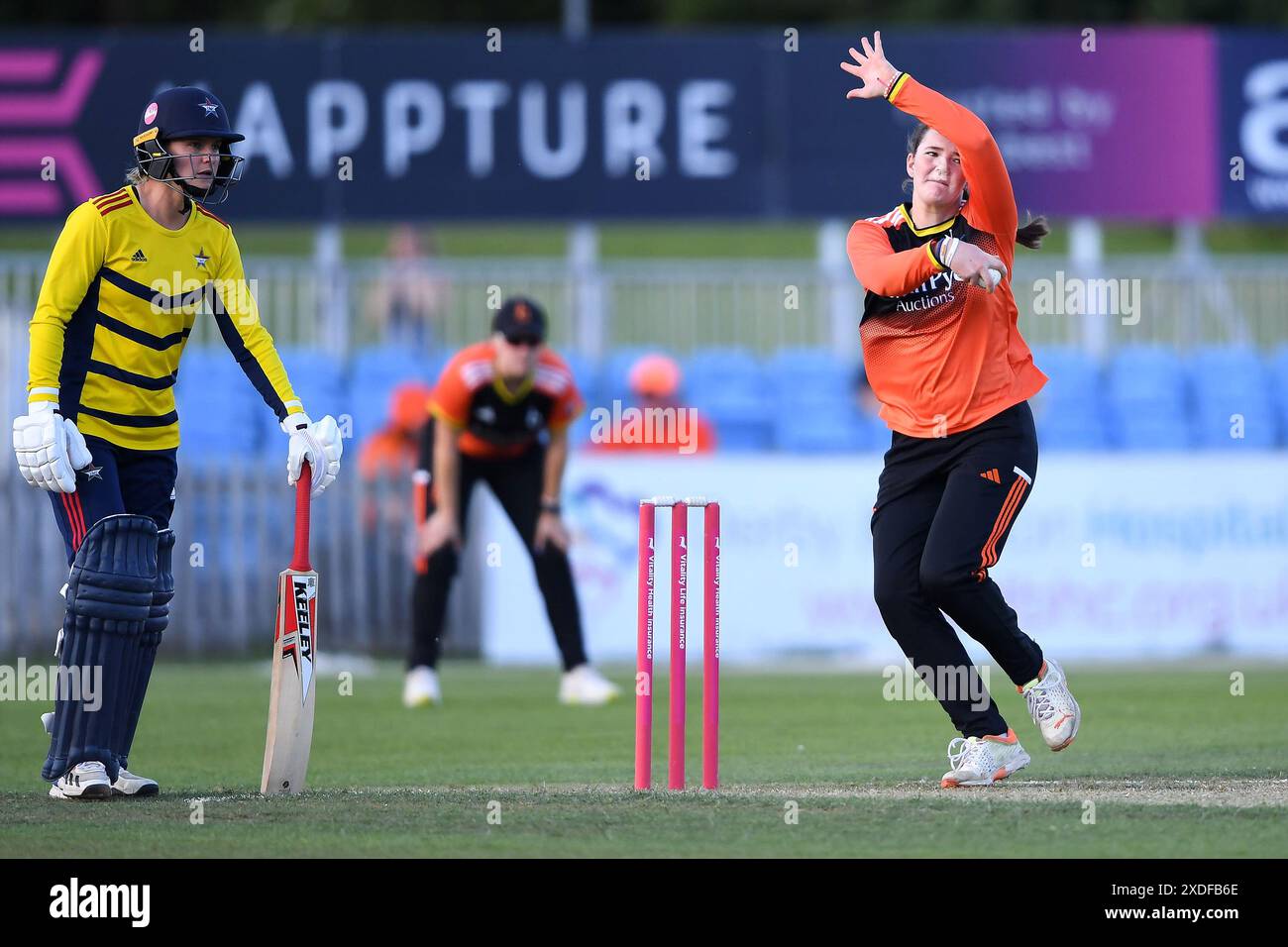 Derby, UK. 22 June 2024. Josie Groves of The Blaze bowling during the ...