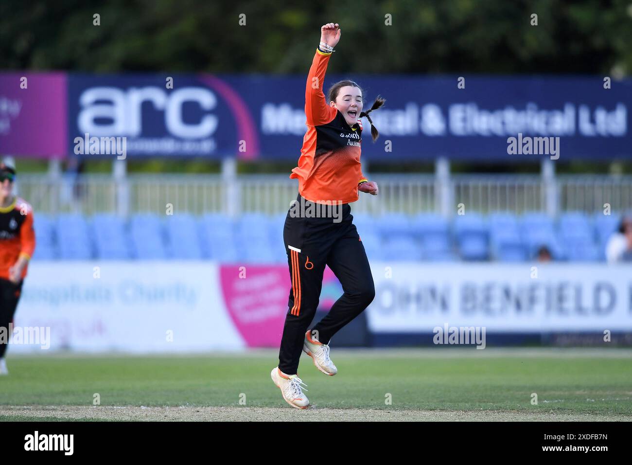 Derby, UK. 22 June 2024. Josie Groves of The Blaze celebrates the ...
