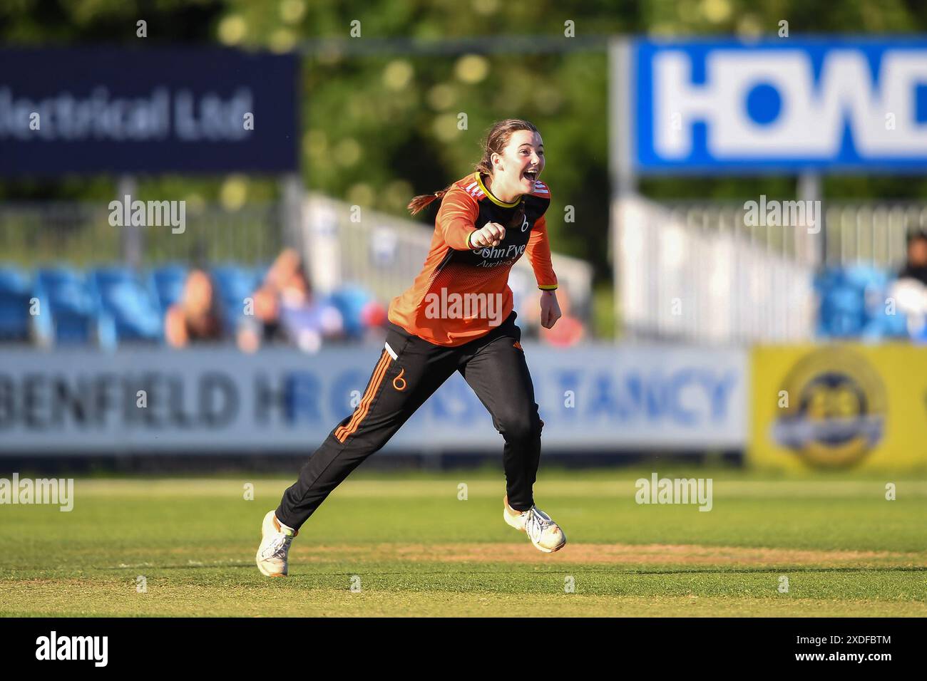 Derby, UK. 22 June 2024. Josie Groves of The Blaze celebrates the ...