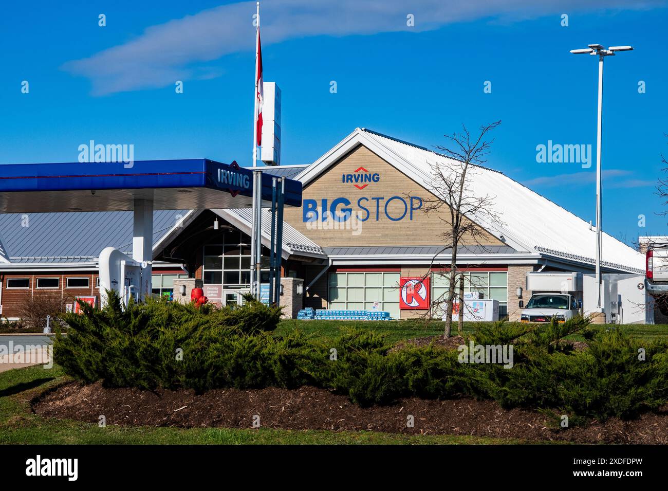 Gas pumps and station building at Irving Oil Big Stop in Enfield, Nova Scotia, Canada Stock ...