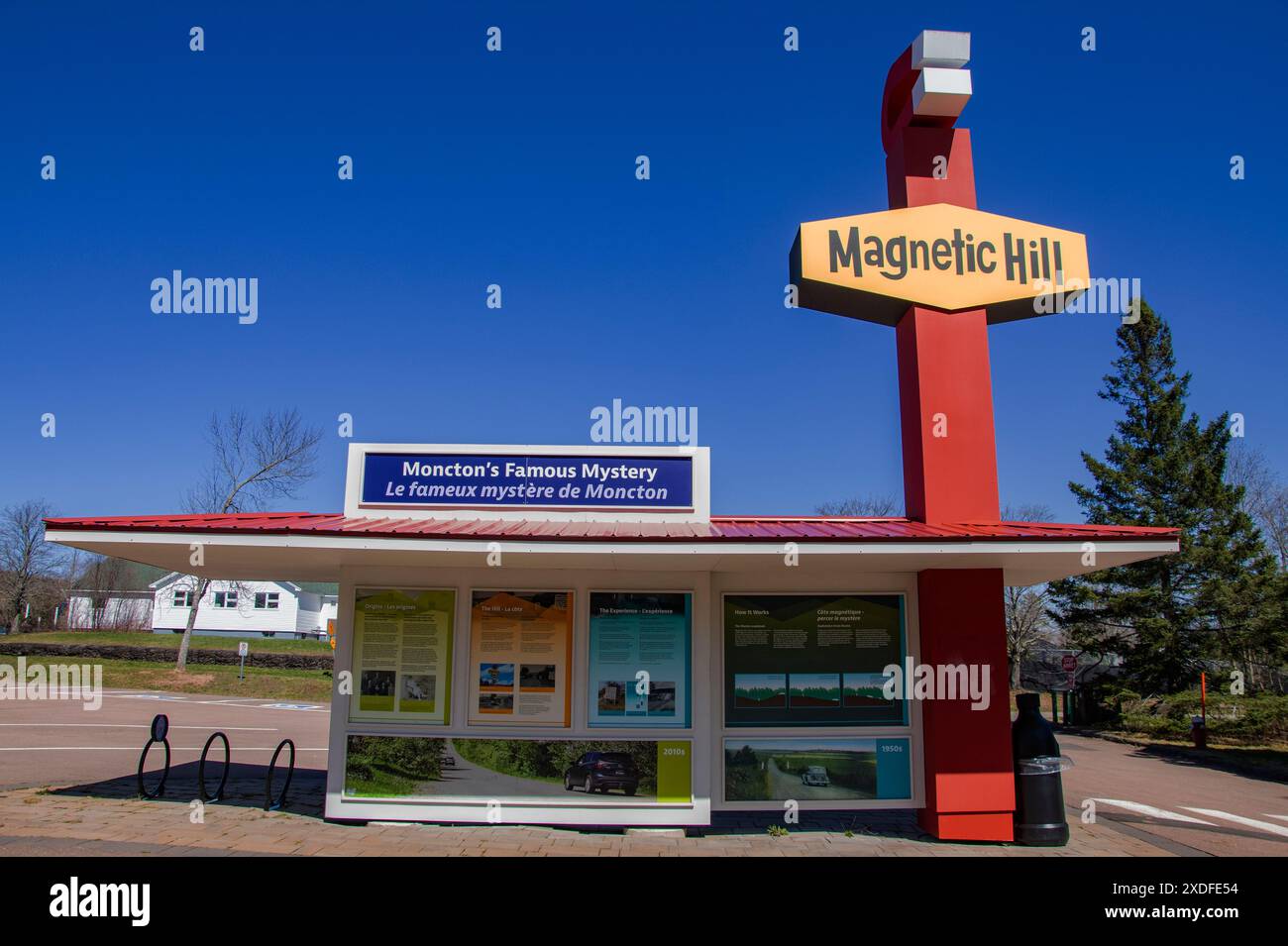 Magnetic Hill famous mystery sign and kiosk at the parking lot at ...