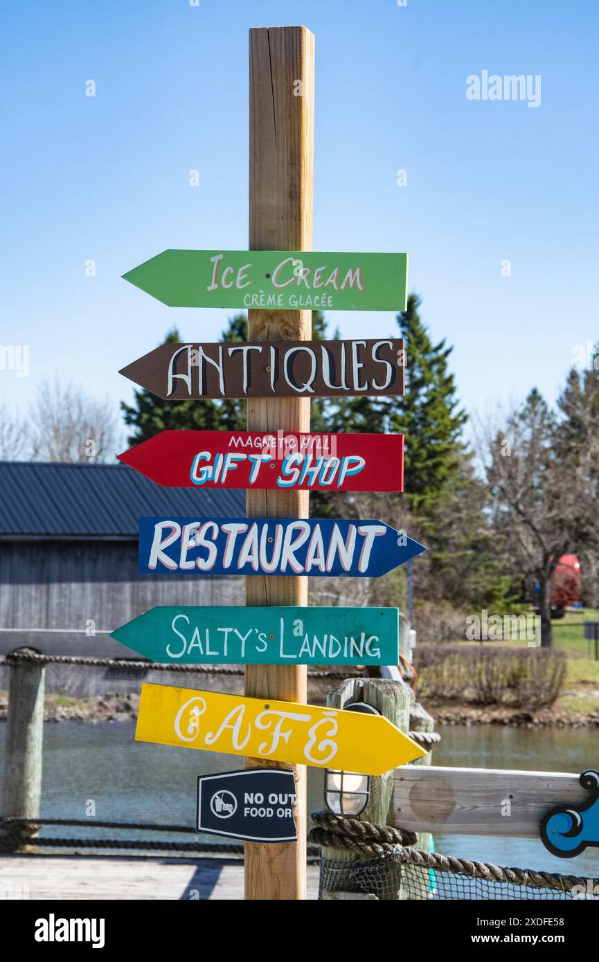 Colorful directional street signs at the wharf village at Magnetic Hill ...