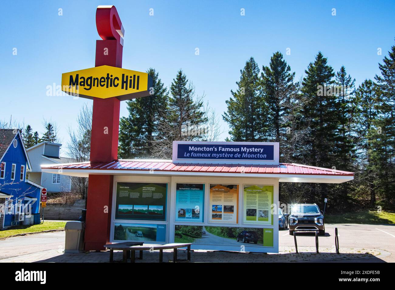 Magnetic Hill famous mystery sign and kiosk at the parking lot at ...