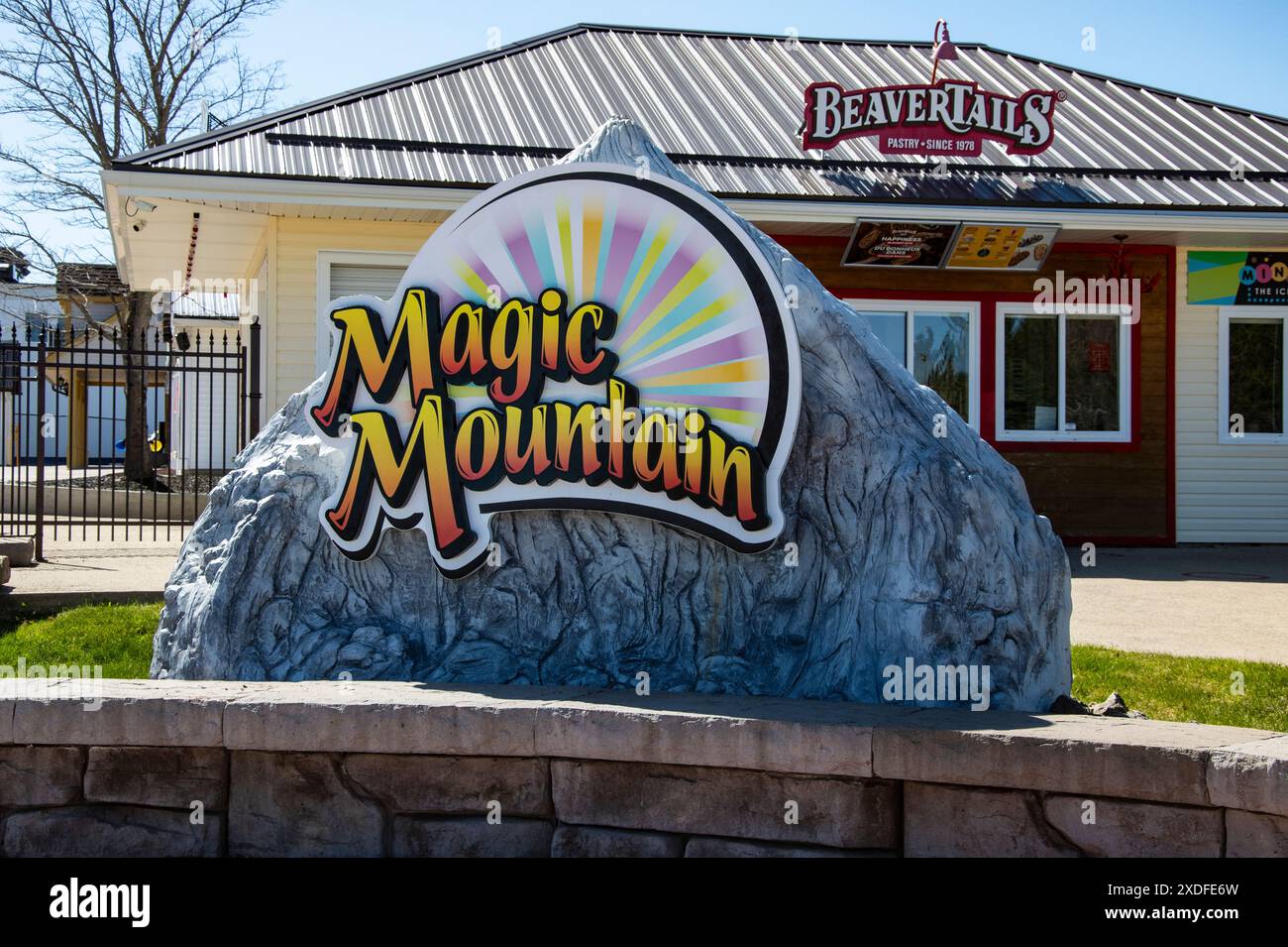 Magic Mountain and Beavertails signs at Magnetic Hill in Moncton, New Brunswick, Canada Stock ...