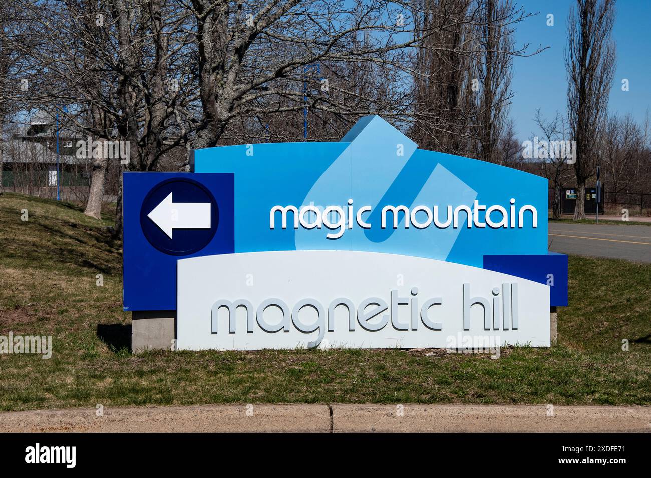 Directional sign to Magic Mountain at Magnetic Hill in Moncton, New ...