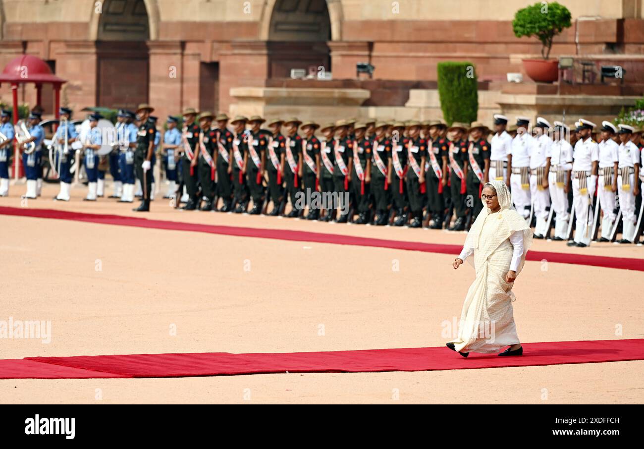 NEW DELHI, INDIA - JUNE 22: Bangladesh Prime Minister Sheikh Hasina inspects a joint military ...