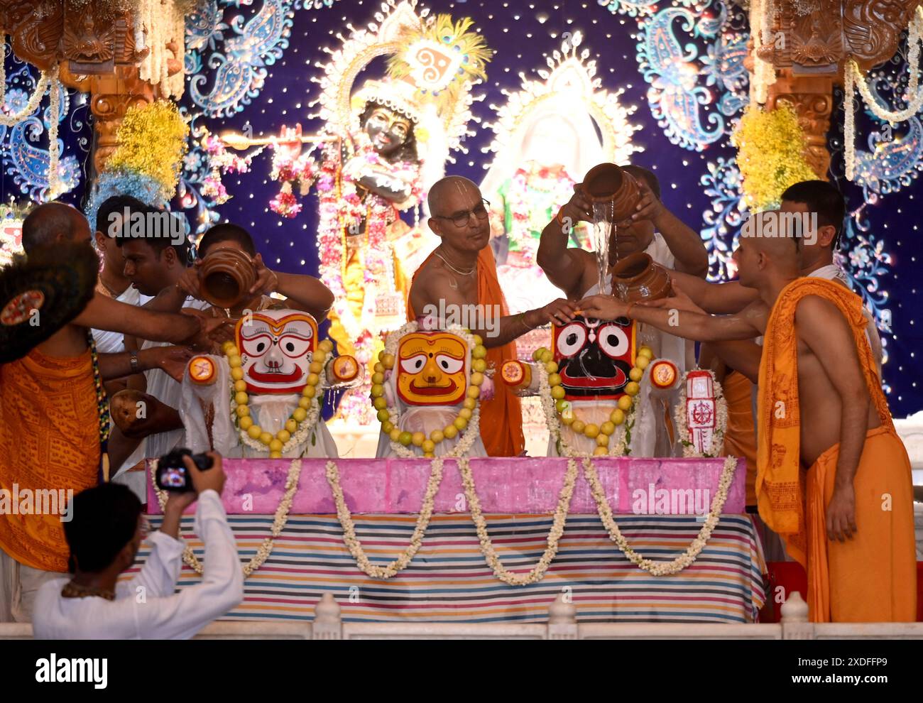 NOIDA, INDIA - JUNE 22: Snana Yatra festival of Sri Jagannath, Baladeva and Subhadra celebrated ...