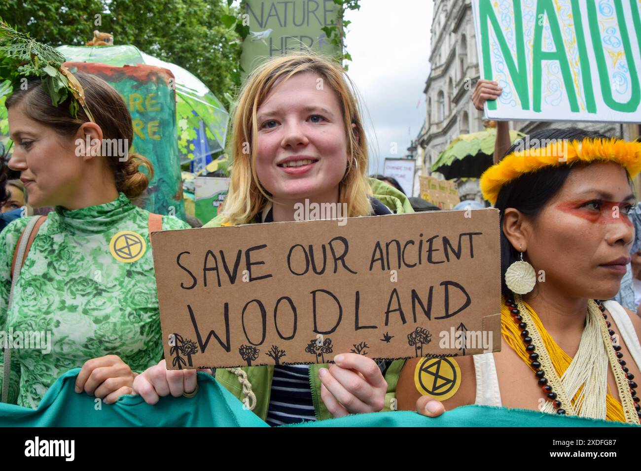 London, UK. 22nd June 2024. A protester holds a 'Save our ancient ...