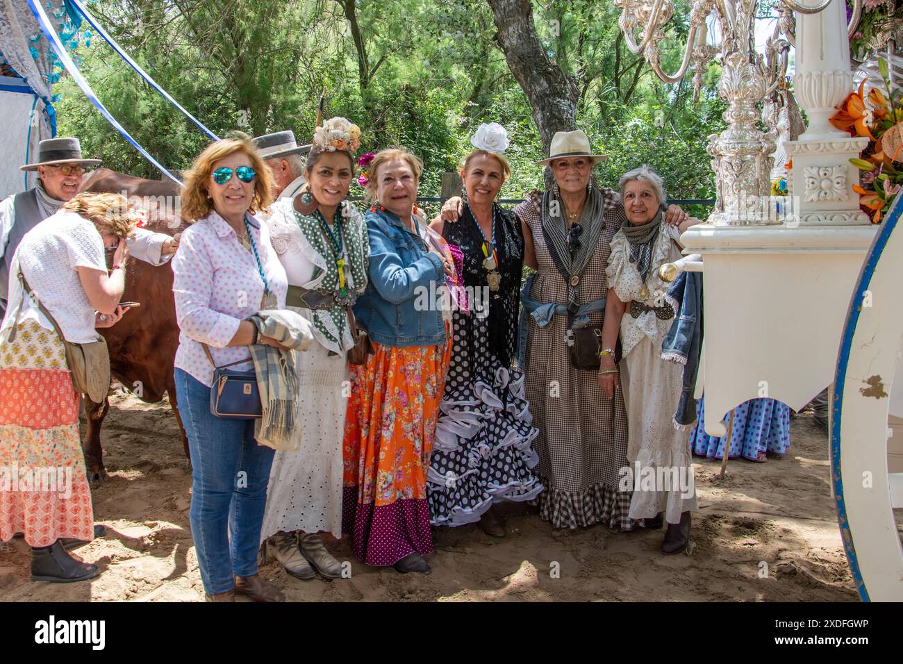 Group of pilgrims on foot following the ox cart at the entrance to ...