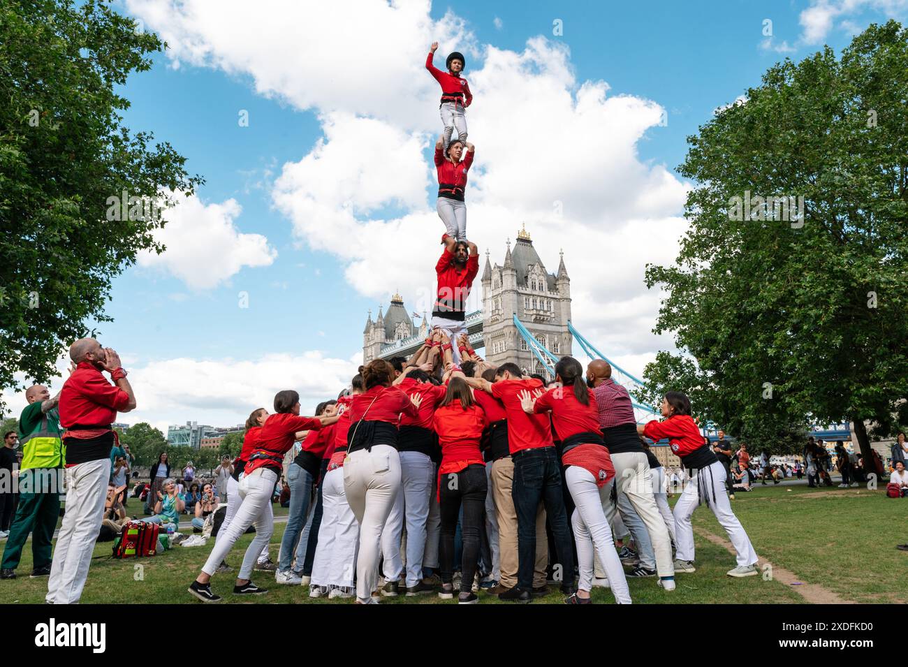London, UK. 22 June 2024. Castellers of London build a human tower ...