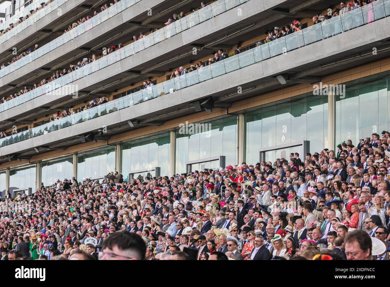 Racegoers and spectators watching the horse races from the stands at ...