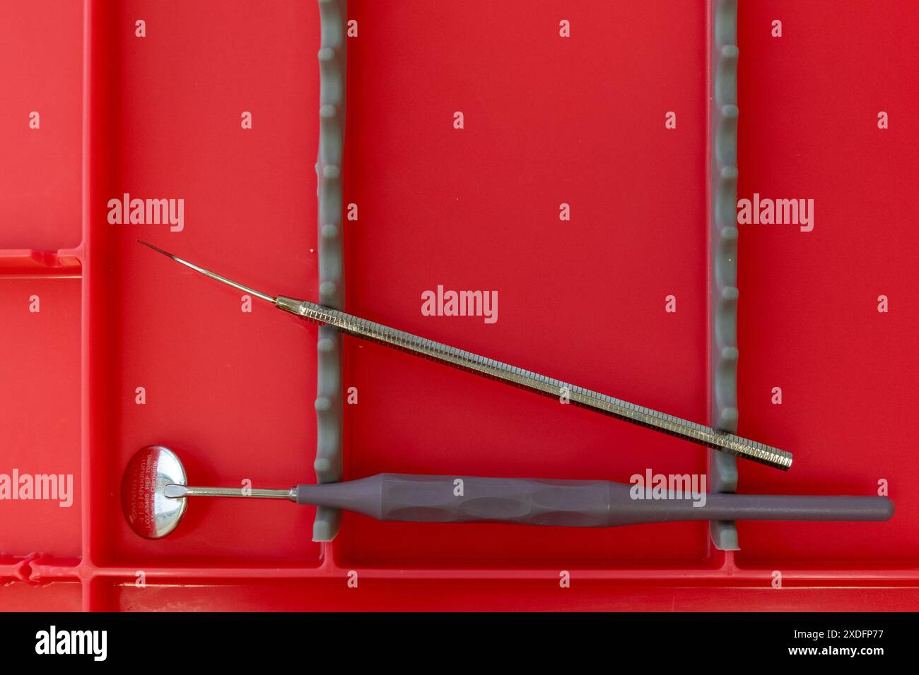 A red plastic tray with multiple compartments, holding various dental ...