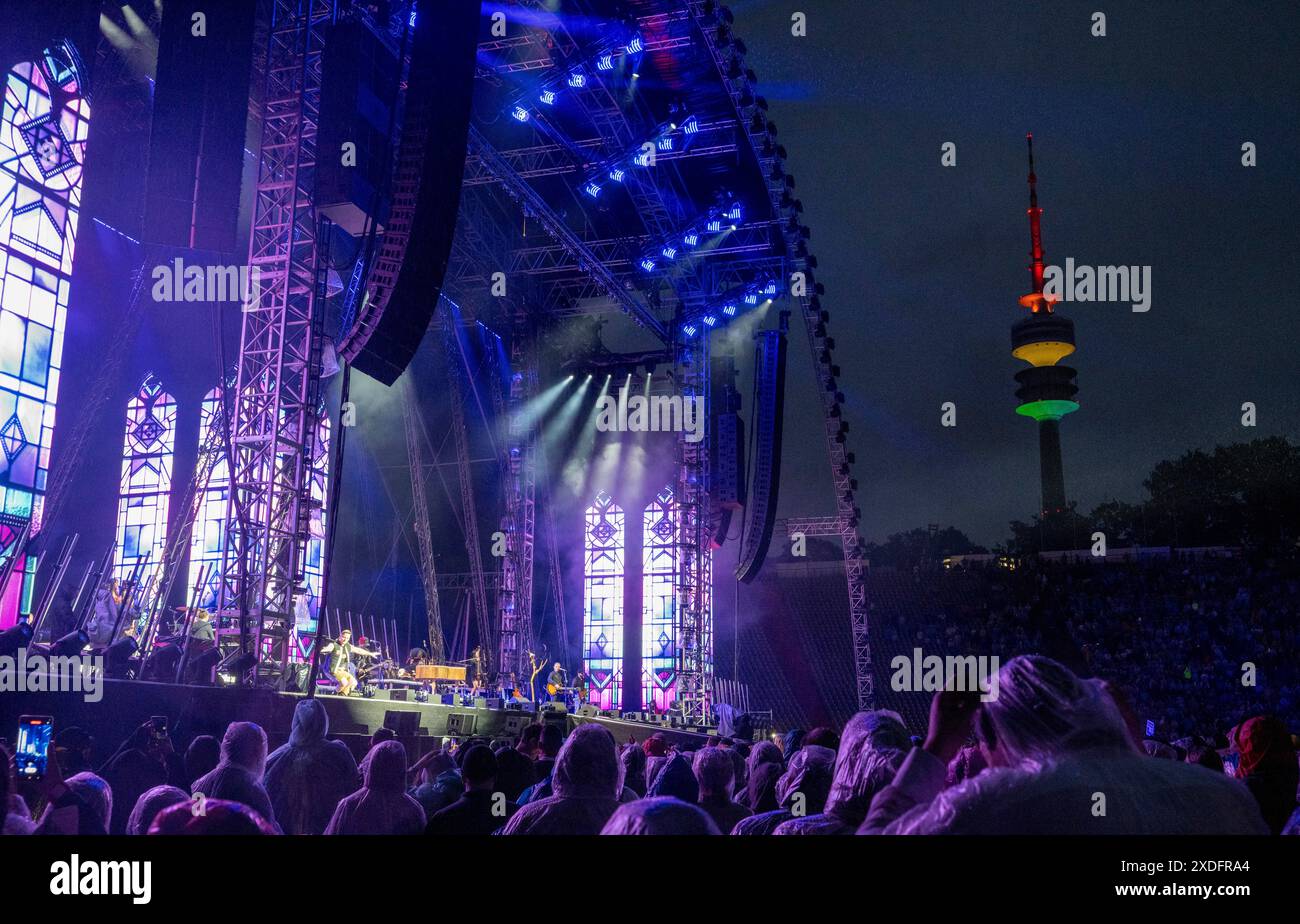 Munich, Germany. 22nd June, 2024. The Olympic Tower is lit up in ...