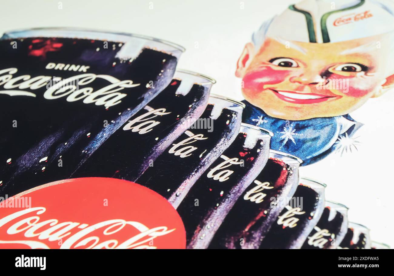 Viersen, Germany - May 9. 2024: Coca Cola vintage advertisement detail with Sprite Boy circa 40s ...