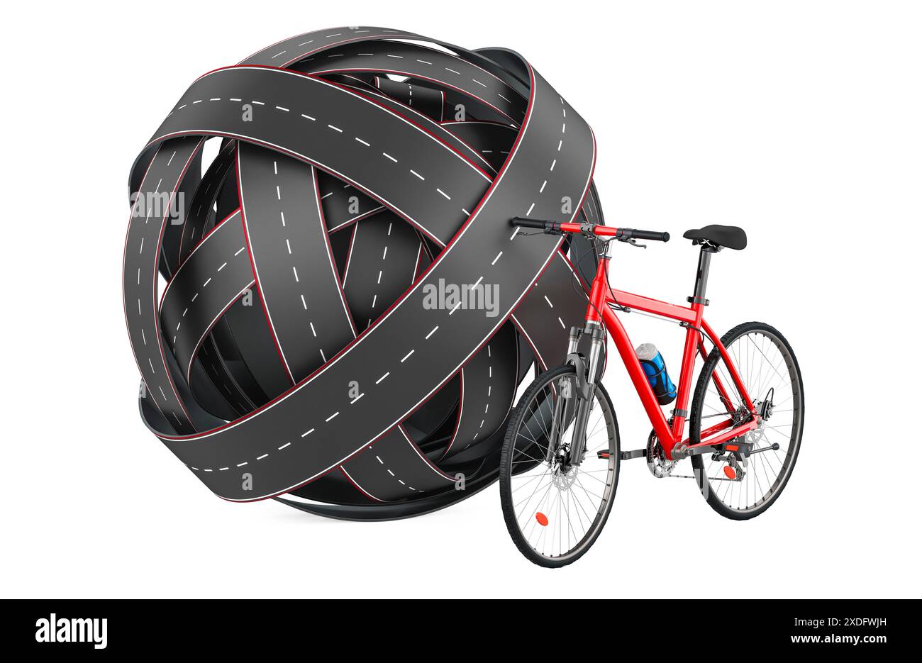 Bicycle with tangled ball of roads. 3D rendering isolated on white ...