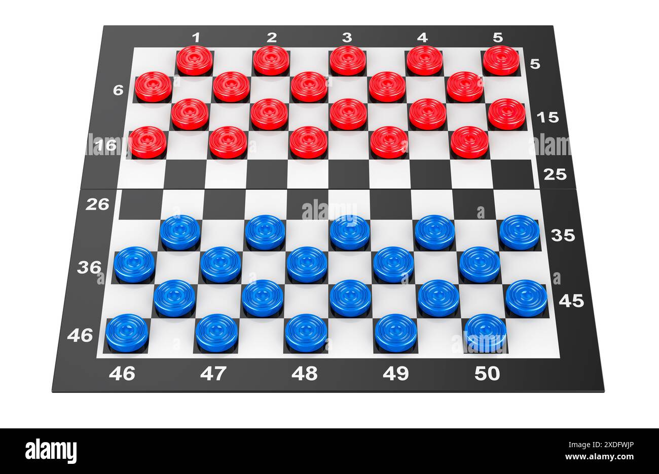 International checkers game board with blue and red pieces. 3D ...
