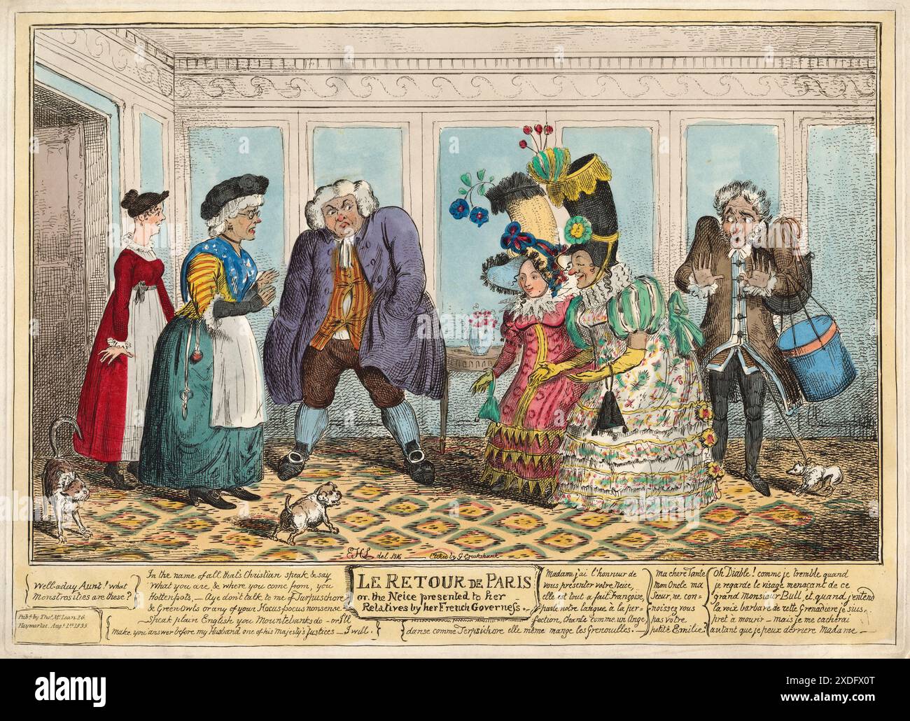 A humorous cartoon print coloured engraving of Le Retour de Paris or ...