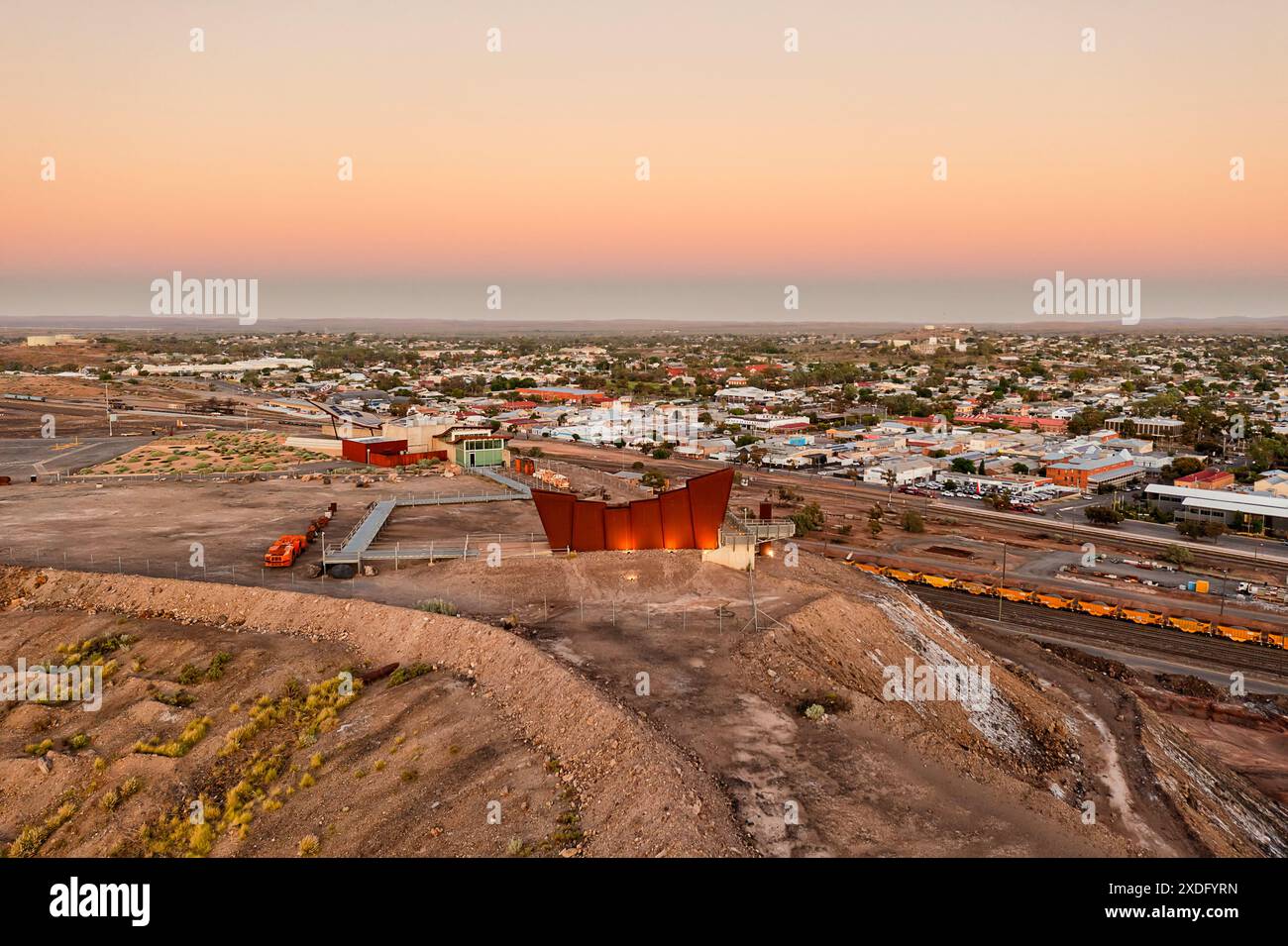 Scenic aerial golden hour sunrive over Broken Hill mining city in Far ...