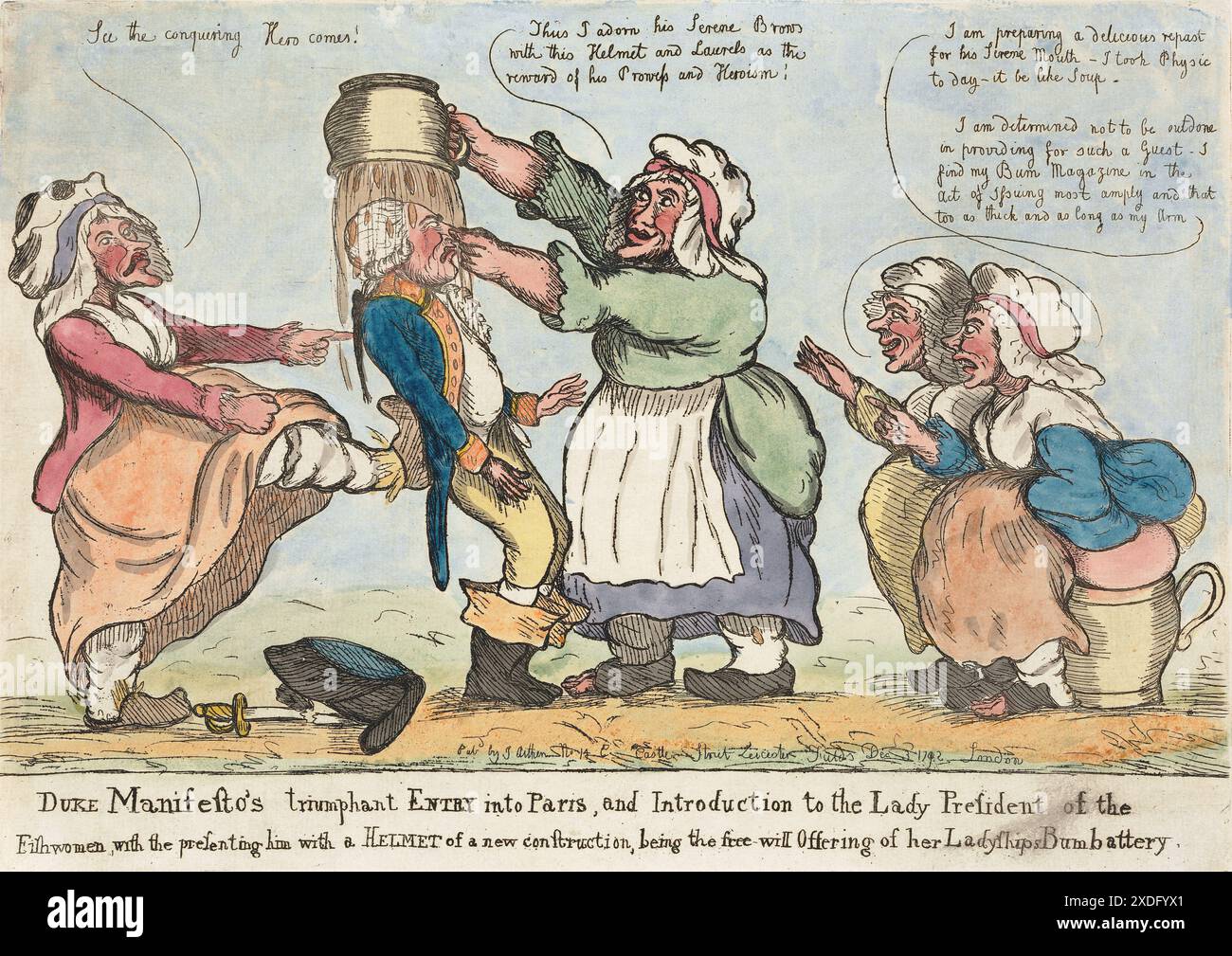 A humorous rude cartoon print coloured engraving of Duke manifestos ...