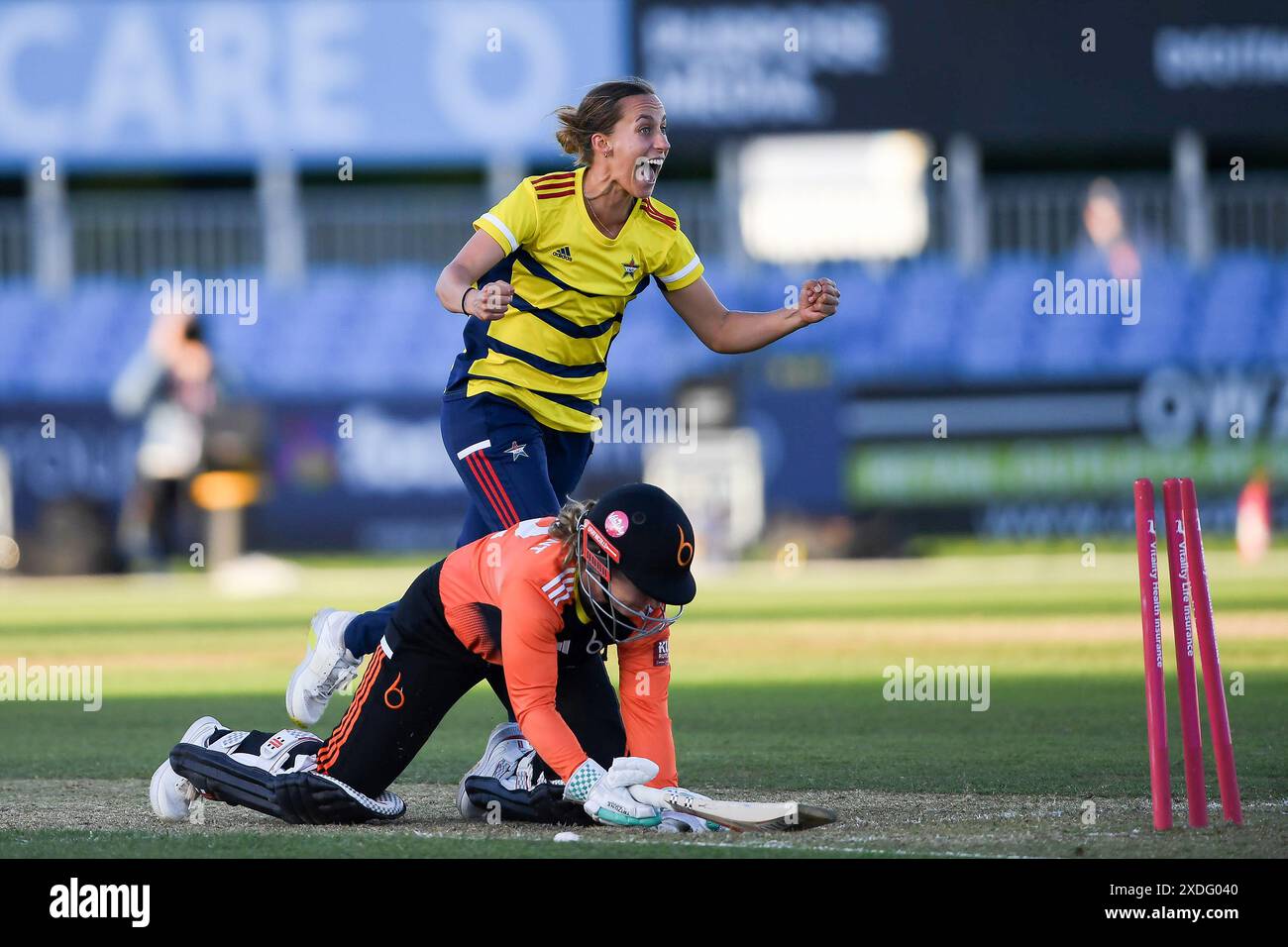 Derby, UK. 22 June 2024. Tash Farrant of South East Stars celebrates as ...